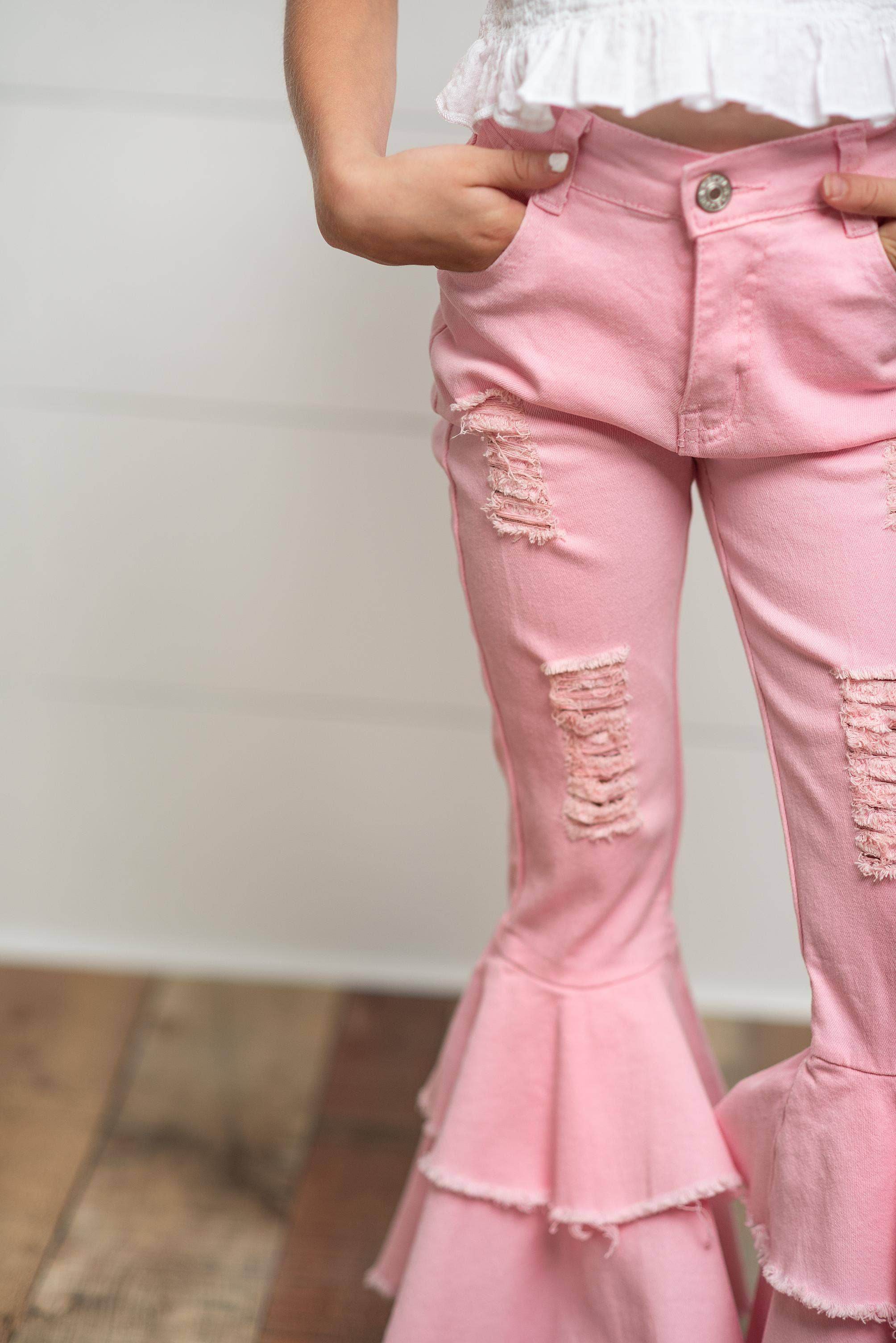 Kids Light Pink Distressed Denim Double Ruffle Pant Jeans – Next Generation Boutique
