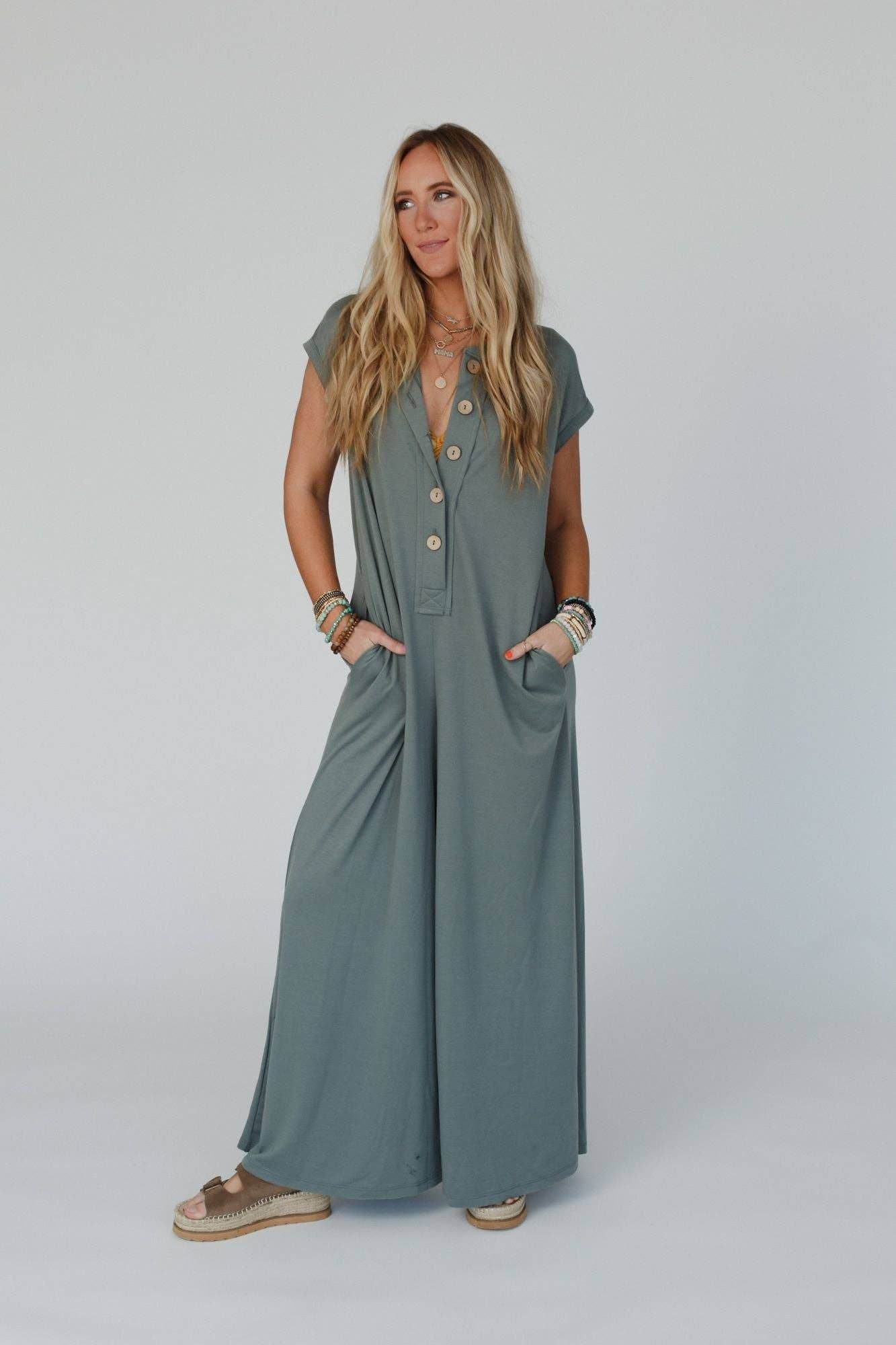 Davina Wide Leg Jumpsuit - Light Olive – Next Generation Boutique