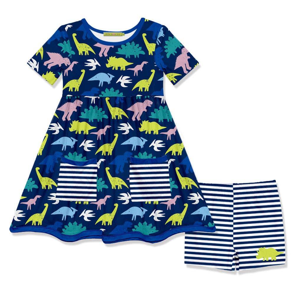 Girls Navy Dino Block Patch Pocket Dress & Stripe Shorts – Next ...